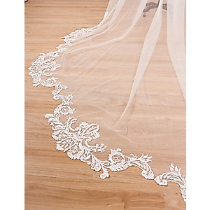EllieWely 1 T Cathedral Length Floral Lace Appliques Wedding Bridal Veil Ivory