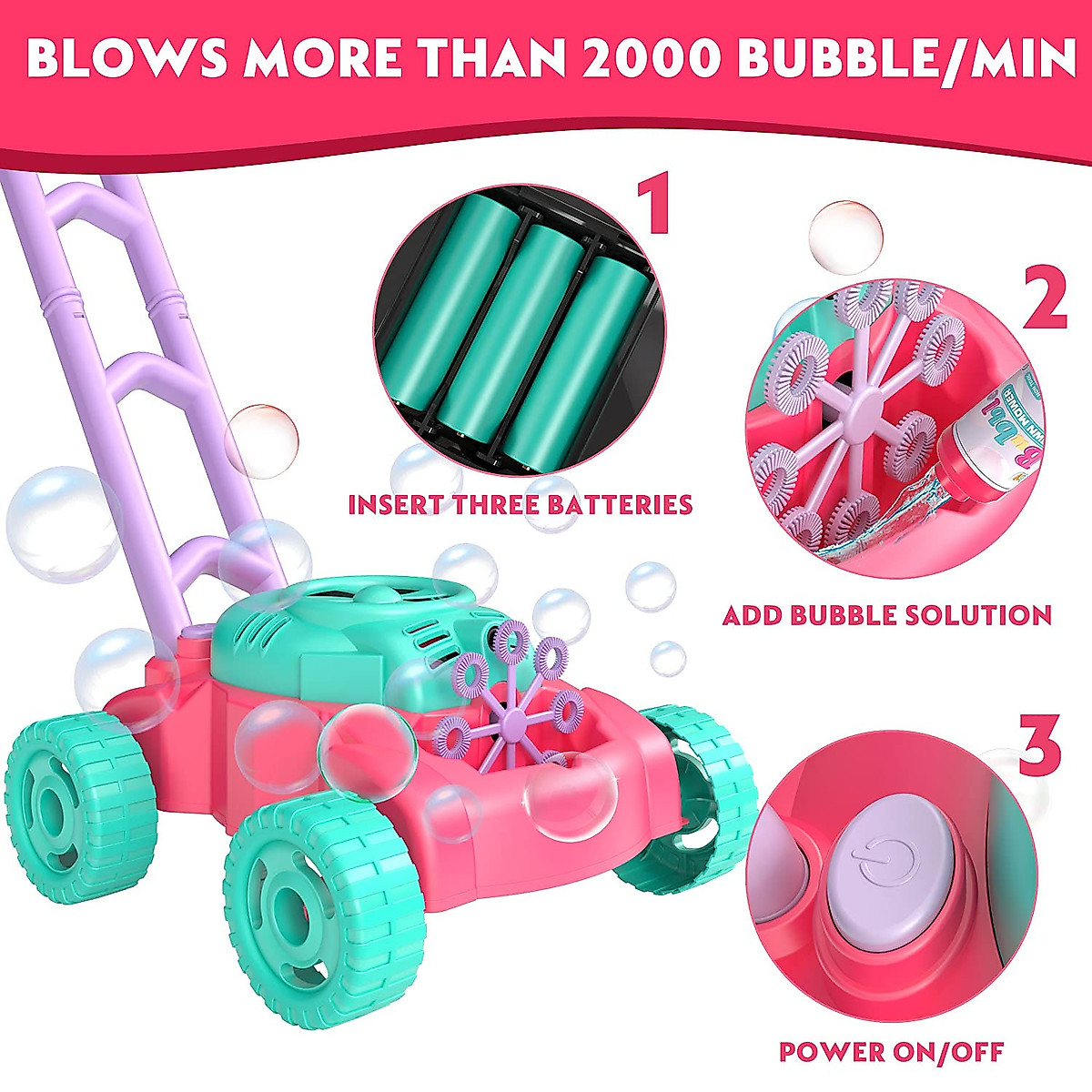 BubToy Toddler Toys Bubble Machine Great Birthday Gifts for Preschool Girls, Automatic Bubble Mower Toys & Games, Baby Activity Walker for Outdoor