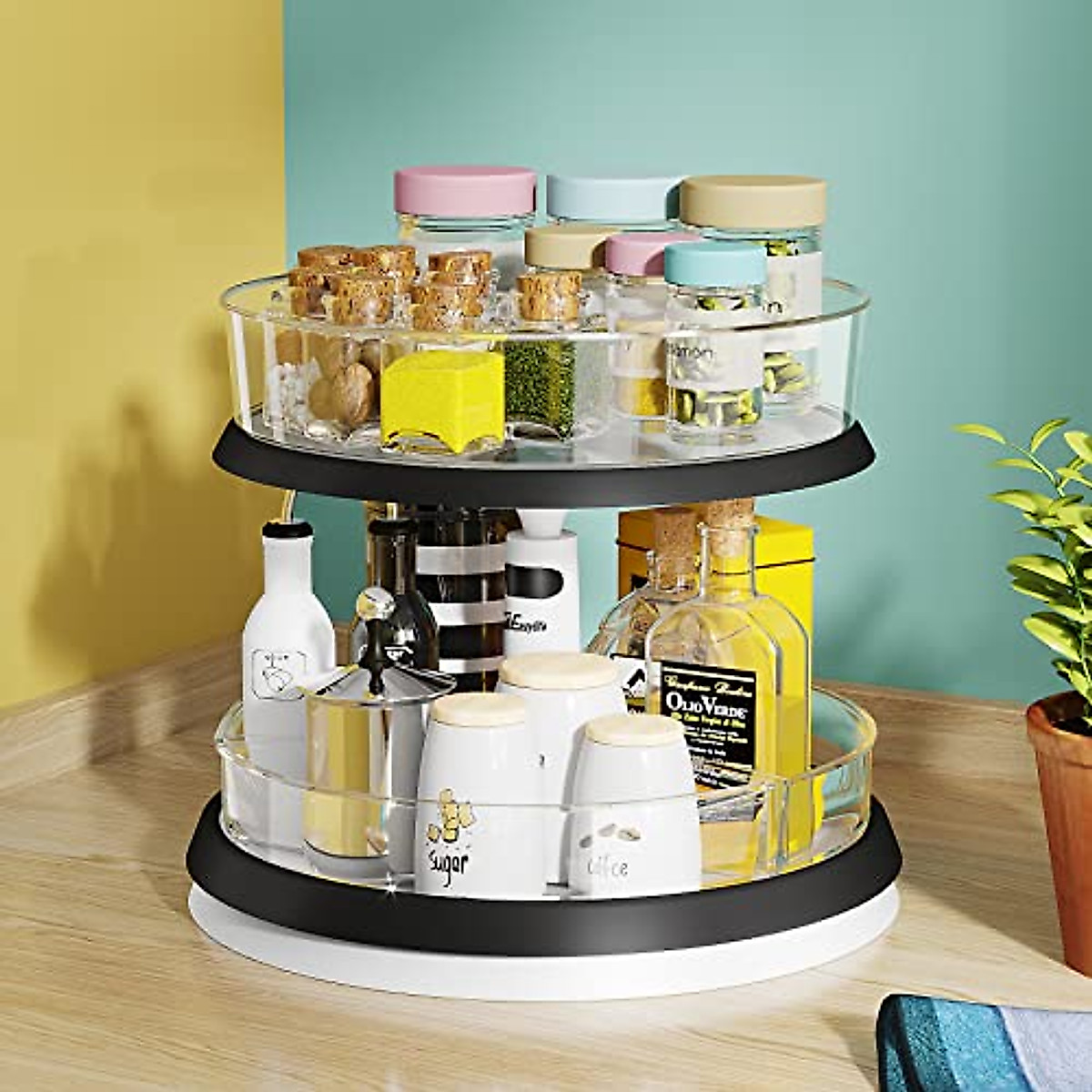 2-Tier Lazy Susan Turntable and Height Adjustable Cabinet Organizer with 1x Large Bin and 3 x Divided Bins, Removable, Clear Spice Rack Organizer for Cabinet, Pantry, Kitchen (2 Tier w/Bins)