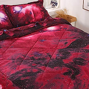 Wowelife Galaxy Bedding Twin Space Bedding Set Red 5 Piece Twin Comforter Set with Comforter, Fitted Sheet and 2 Pillowcases