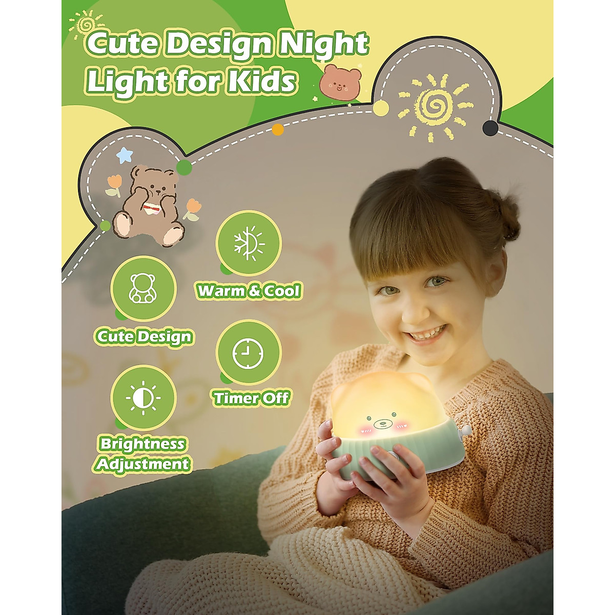 Daxtril Night Light for Kids Cute Lamp, Bear Cat Lamp Kawaii Room Decor, Kids Toys for Girls, Stocking Stuffers for Kids, Christmas Gifts for Teenage Girls Kids Boys, Rechargeable Touch Lamp, Green