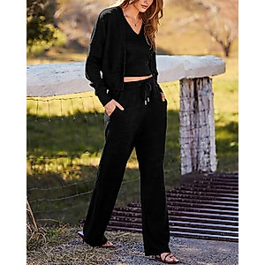 BTFBM Women's Summer 3 Piece Outfits Ribbed Knit Cardigan Cropped Tank Tops Wide Leg Pant Tracksuit Lounge Matching Sets(Solid Black, Medium)