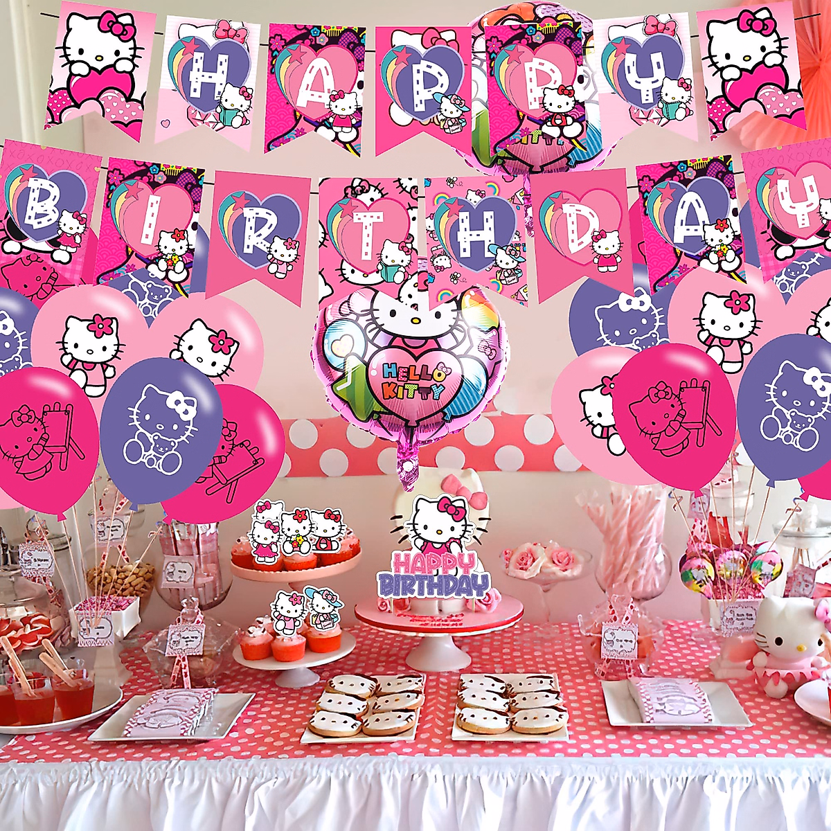 Hello Kitty Party Decorations,Birthday Party Supplies For Hello Kitty Party Supplies Includes Banner - Cake Topper - 12 Cupcake Toppers - 18 Balloons - 2 Hello Kitty Foils Ballons and 50 Kitty