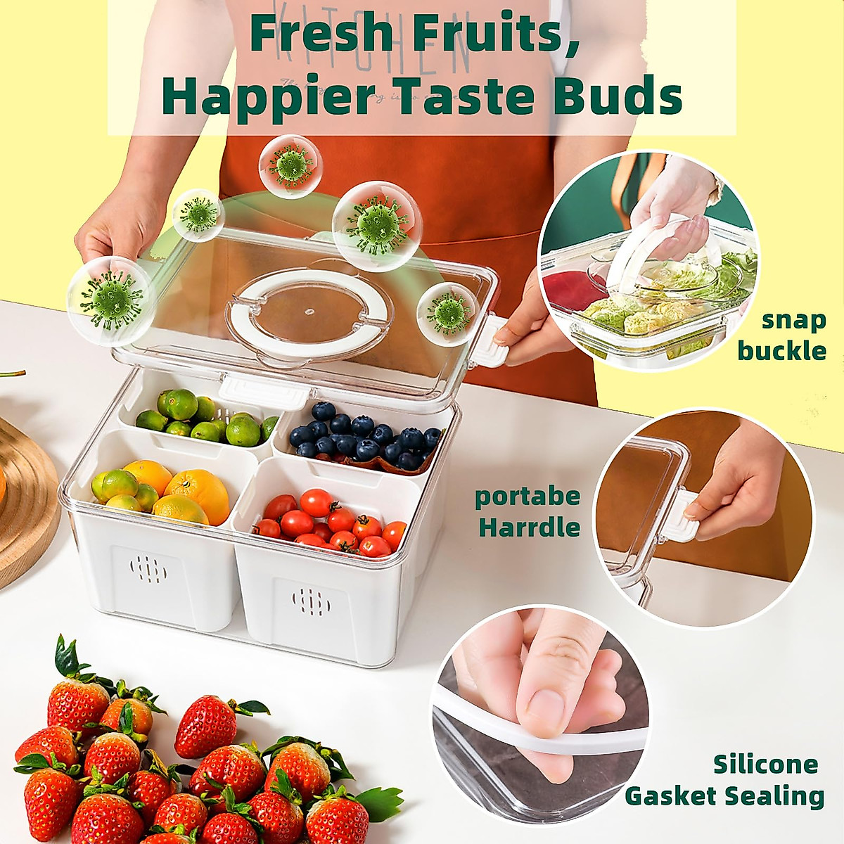 Fruit Storage Containers for Fridge with Lids & Handle, Airtight Fruit Organizer for Refrigerator with 4 Removable Colanders Stackable Fresh Produce Containers for Fridge for Vegetables(White)