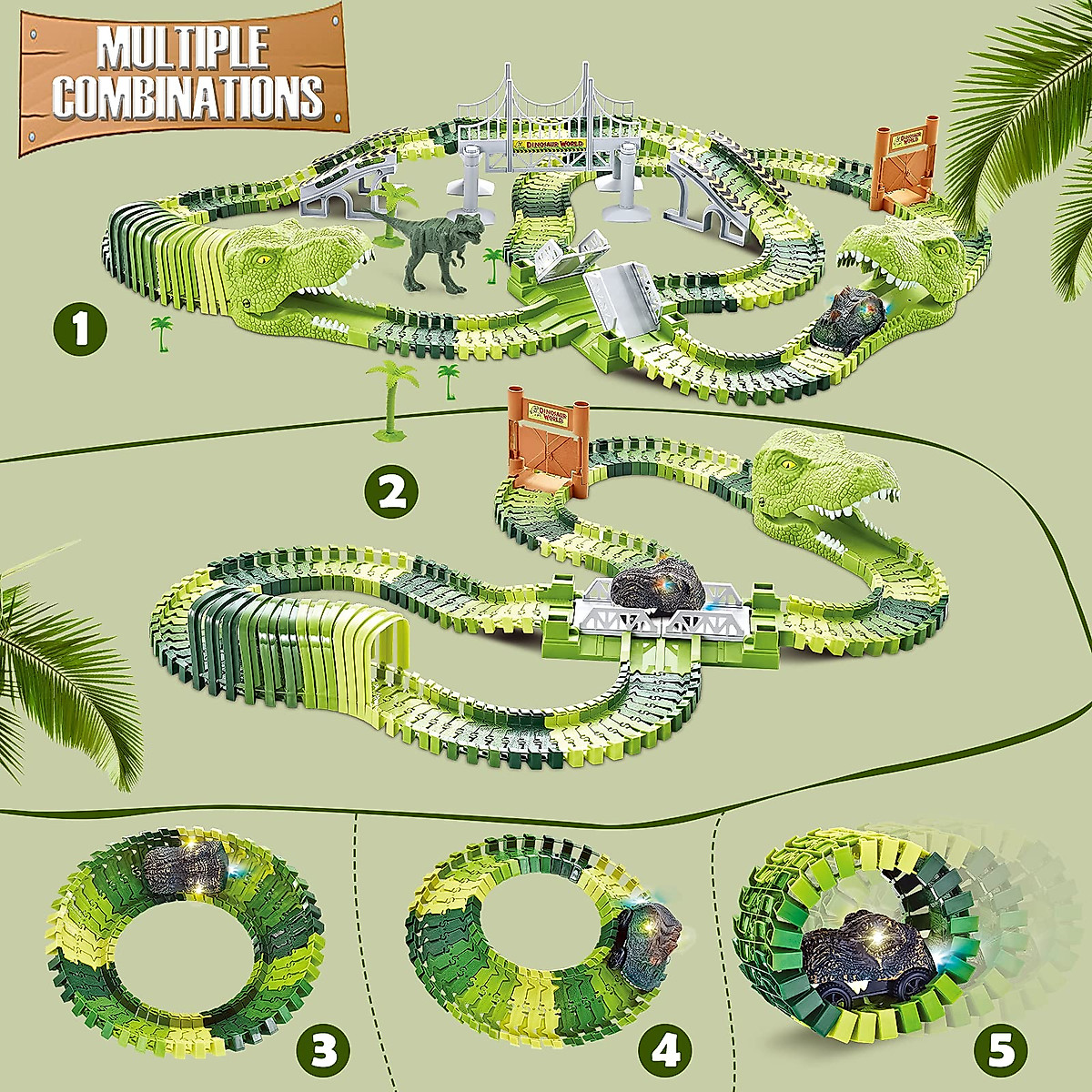 Dinasors Race Track Toy for Boys Girls Race Car Track for Kids Age 3-6 Dino Toys with 192 Flexible Track, 2 LED Dinosaur Racing Cars, Toddler Birthday Gift (Classical)