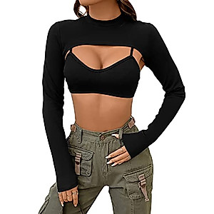 Verdusa Women's 2Pcs Mock Neck Long Sleeve Crop Top Spaghetti Straps Scoop Neck Sleeveless Cami Top Black L