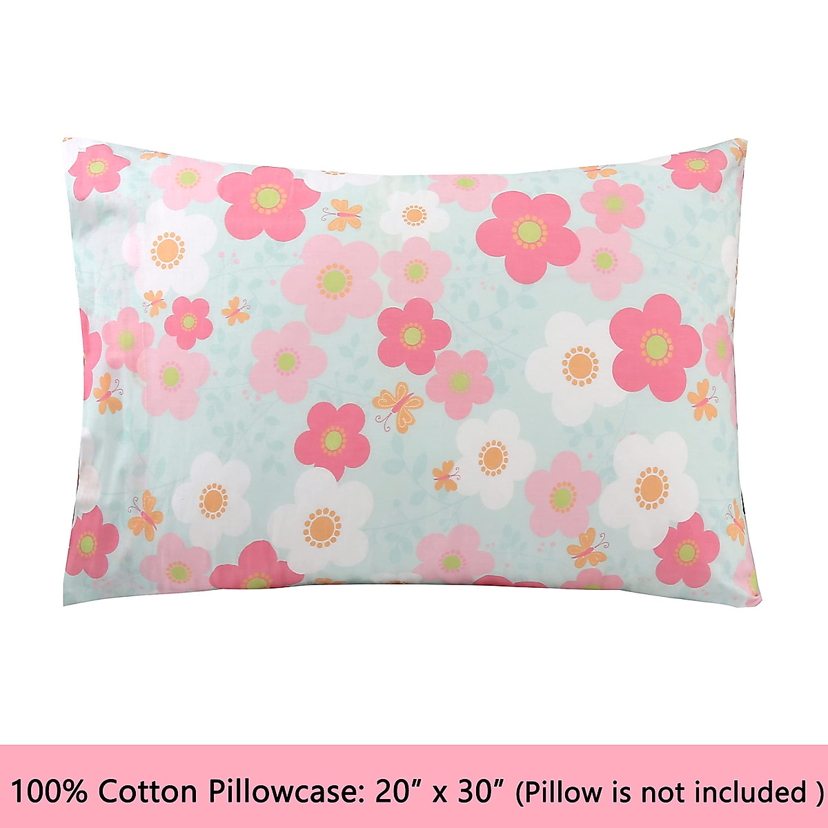 Danica 3-Piece 100% Cotton Toddler Sheet Set for Boys & Girls, Includes Top Sheet, Fitted Sheet, Standard Pillow Case (Pink Flower)