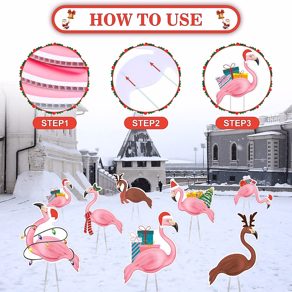 8 Pieces Flamingo Christmas Yard Signs Stakes Pink Flamingo Lawn Decorations Summer Tropical Flamingo Yard Decorations for Outdoor Garden Home Xmas Party