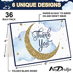 AnyDesign 36 Pack Stars Thank You Greeting Cards with Envelopes Matching Seal Stickers Blue Starry Delight Blank Note Cards Twinkle Moon Event Stationery for Baby Shower Birthday Supplies