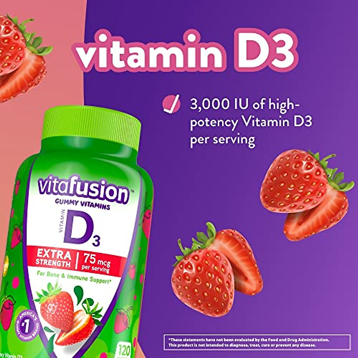 vitafusion Extra Strength Vitamin D3 Gummy, Strawberry Flavored Bone and Immune System Support (1) 120 Count
