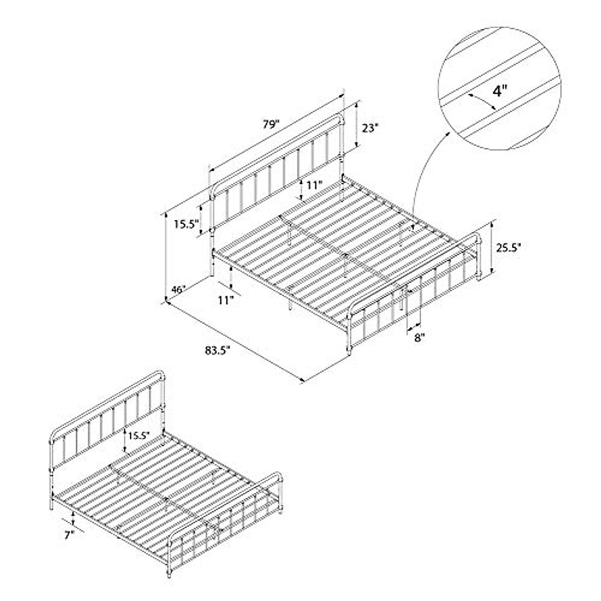 DHP Winston Metal Platform Bed with Rustic Design and Curved Edge Headboard and Footboard, Adjustable Base Height for Underbed Storage, No Box Spring Needed, King, Black