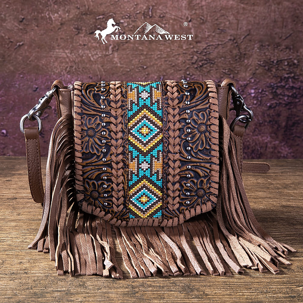 Montana West Western Small Purses for Women Crossbody Bag Fringe Purse Vegan Leather Women's Shoulder Handbags Tooled Aztec RLC-L166BR