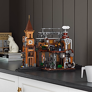 FUNWHOLE Train-Station Lighting Building Bricks Set - Steampunk LED Light Building Set 1843 Pieces for Adults and Teens