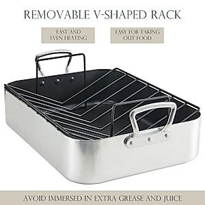 KITESSENSU Hard Anodized Nonstick Roasting Pan with Rack - 16 x 12 inch Aluminum Turkey Roaster Baking Pan for Oven - Oven Safe & Compatible with All Stovetops, Silver