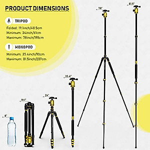 [Limited Edition] GEEKOTO 77'' Tripod-Camera Tripod for DSLR-Compact Aluminum Tripod with 360 Degree Ball Head Loads up to 17.6LBS for Travel and Work(Yellow)