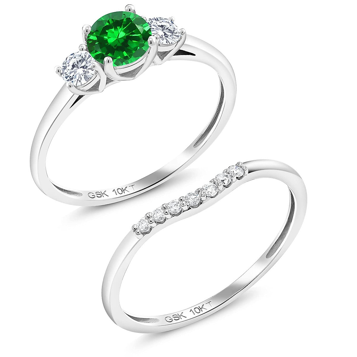Gem Stone King 10K White Gold Green Simulated Emerald and White Lab Grown Diamond 3-Stone Bridal Engagement Wedding Ring Set For Women (1.08 Cttw, Gemstone May Birthstone, Round 5MM, Size 8)