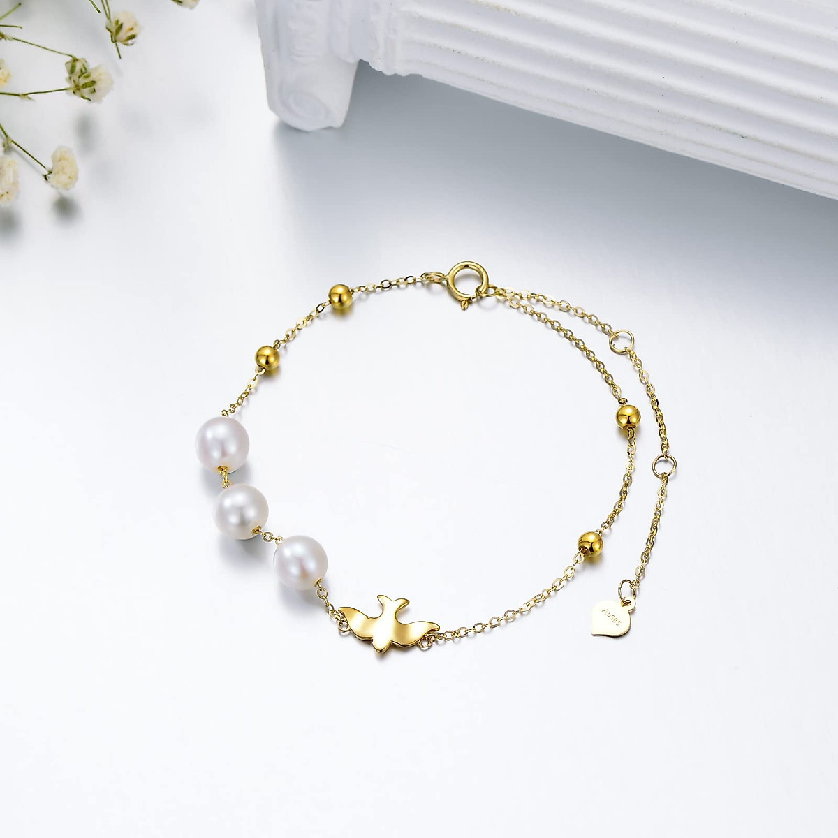 Solid 14k Gold Pearl Bracelet for Women, Simple Gold Handpicked Cultured Pearl Bracelet with Dove Jewelry for Women, Mom Wife Girlfriend, 6"-8"