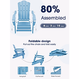 KINGYES Folding Adirondack Chair, HDPE All-Weather Folding Adirondack Chair, Light Blue