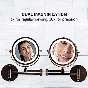 OVENTE 7" Lighted Wall Mount Makeup Mirror - 1X/ 10X Magnification, Battery Powered Glow Cosmetic Light up, Spinning 360-Degree, Double Sided LED, Extendable, Folding Arm, Antique Bronze MFW70ABZ1X10X