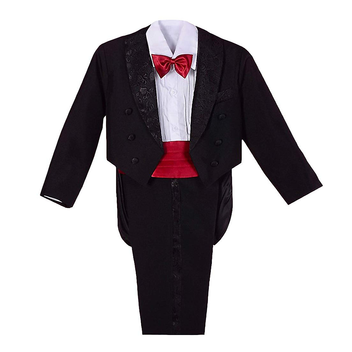 Dressy Daisy Baby Boy Tuxedo Black Suit 5 Pieces Set Formal Wear Wedding Outfit Size 18-24 Months, with Red Cummerbund