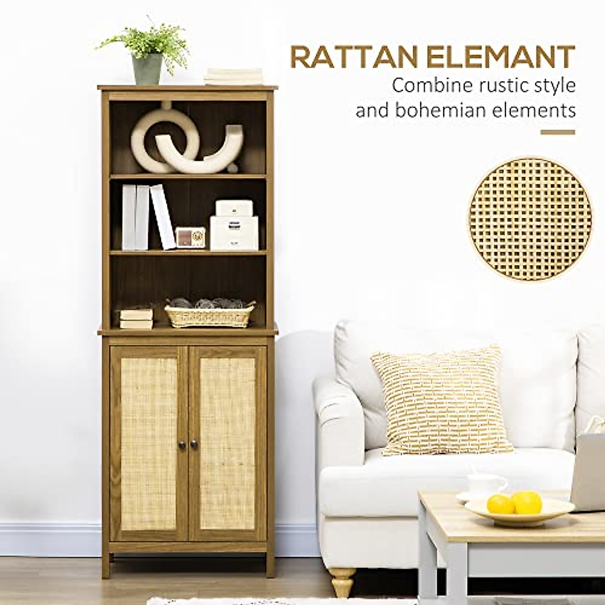 HOMCOM Rustic Bookshelf with Cabinet & Rattan, Tall Bookshelf Library, Wooden Bookcase with Doors and Shelves, Study Living Room Home Office, Walnut