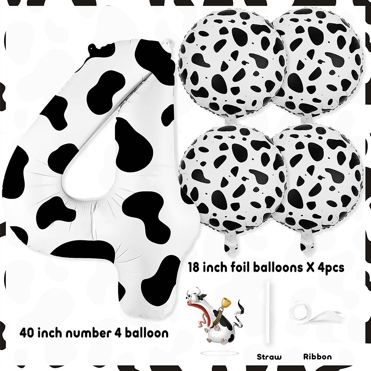 Cow Print Number 4 Balloons, 40 Inch Large Number 4 Balloon 18 Inch Cow Foil Balloons for 4th Birthday Cow Theme Party Decorations for a Girl Boy Kids Baby Shower Farm Animal Cow Party Supplies