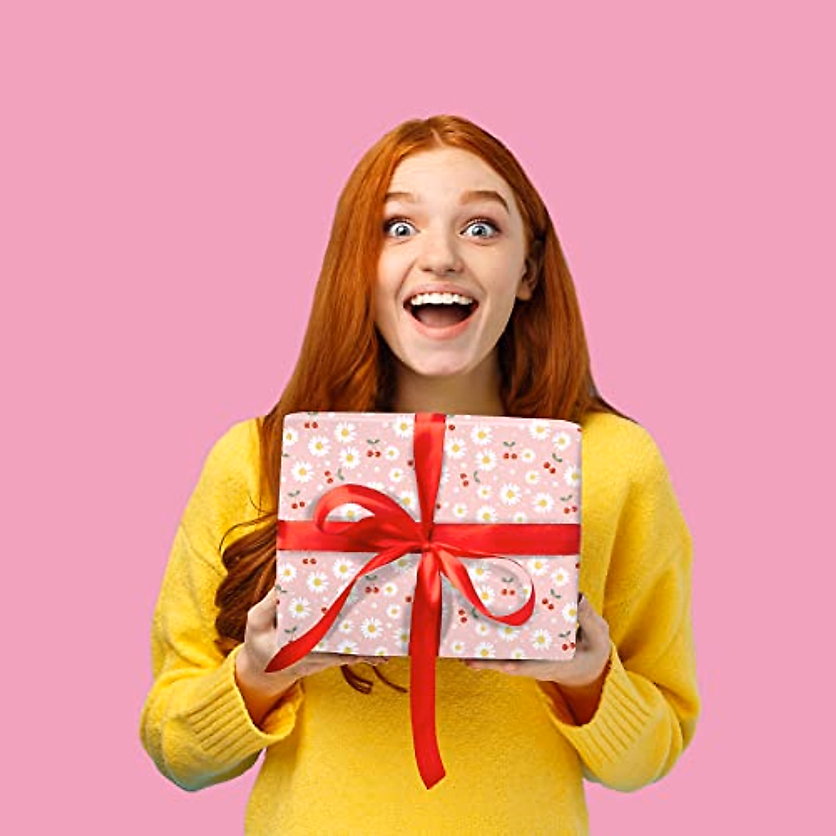 White and Yellow Daisy Floral With Red Cherries On Pink Gift Wrapping Paper 4 Sheets For Kids Girls Boys, Flower Gift Wrap for Birthday New Baby Shower Wedding Holiday Christening and More Occasion