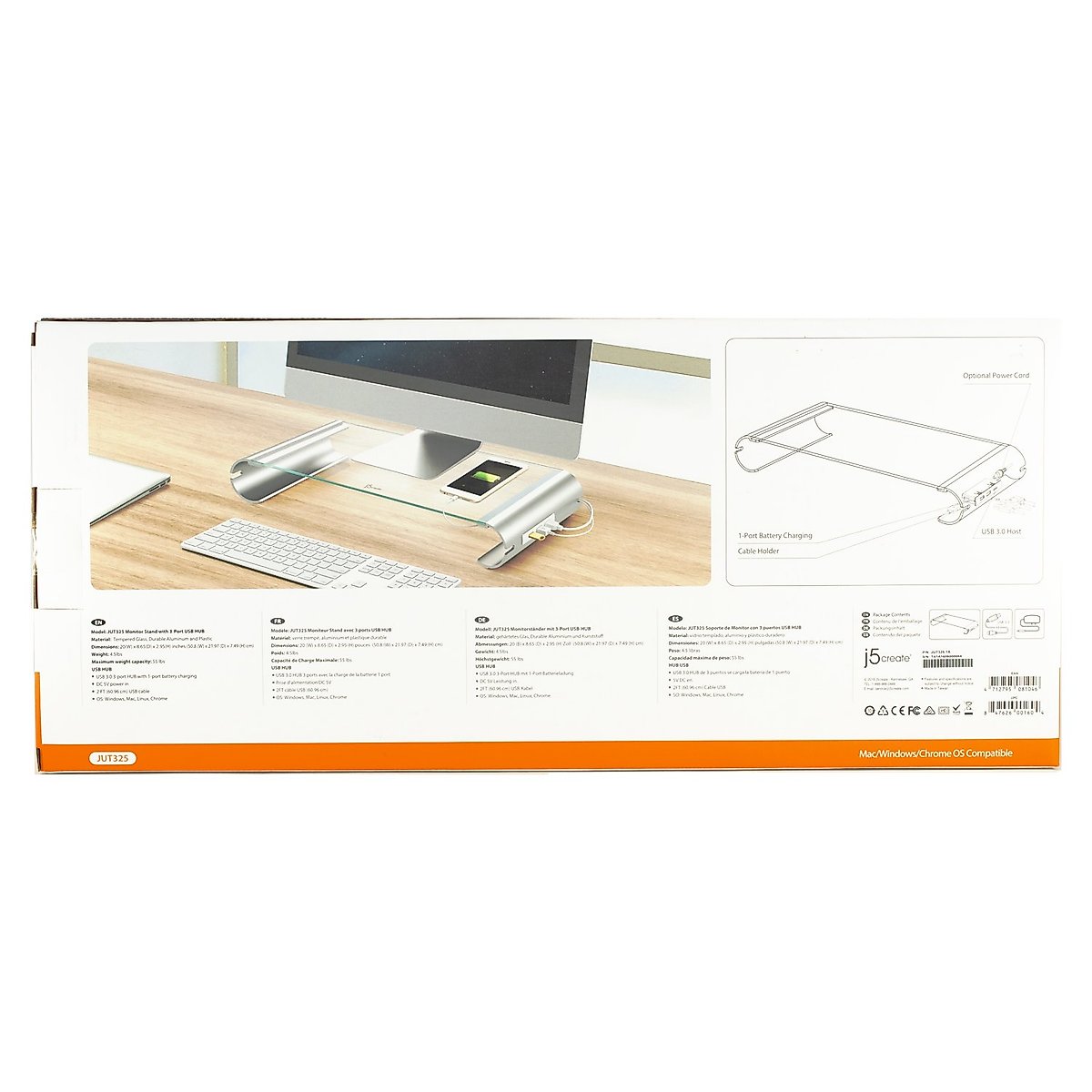 j5create Monitor Stand with 3-port USB 3.0 HUB JUT325 | Aluminium Legs and Clear Tempered Glass Monitor Riser | Compatible with iMac/Windows/Chrome/Linux Laptop, Macbook