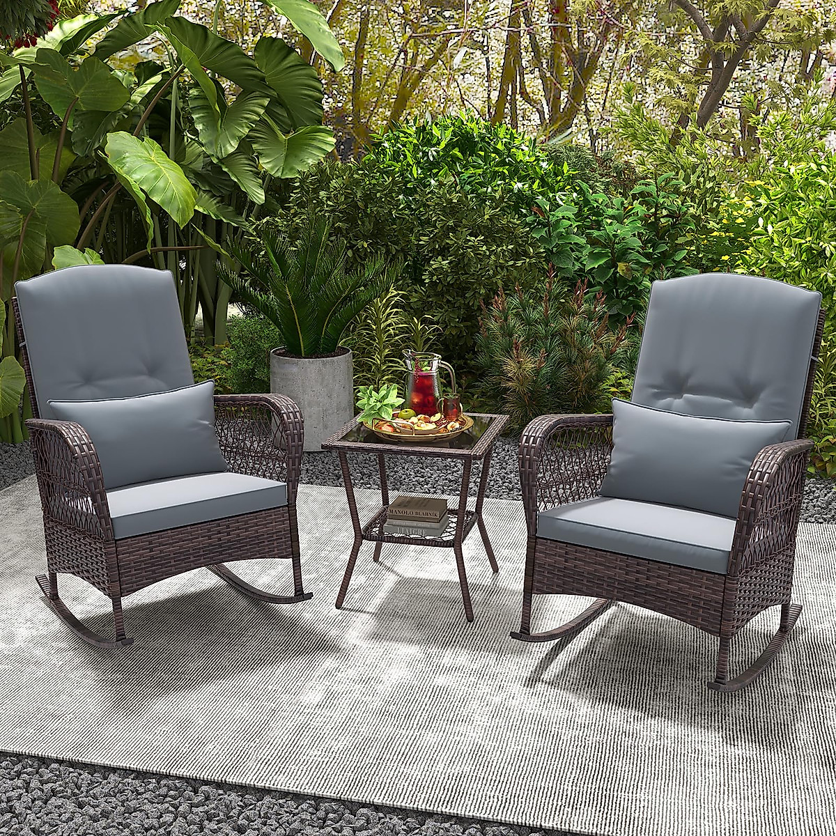 ORALNER 3 Pieces Patio Furniture Wicker Rocker Set, Outdoor Rocking Chairs with Cushions, Pillows, Glass Coffee Table, Rattan Bistro Set for Balcony Front Porch Poolside Garden Deck (Grey)