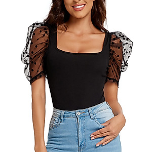 Verdusa Women's Polka Dot Mesh Puff Sleeve Square Neck Top Black M