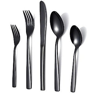 Black Silverware Set, Flatware Set for 8 40 Piece Premium Stainless Steel Square Cutlery Set Include Fork Spoon Knife Kitchen Tableware Utensil Set, Smooth Thickened Edge Mirror Polished, Briout