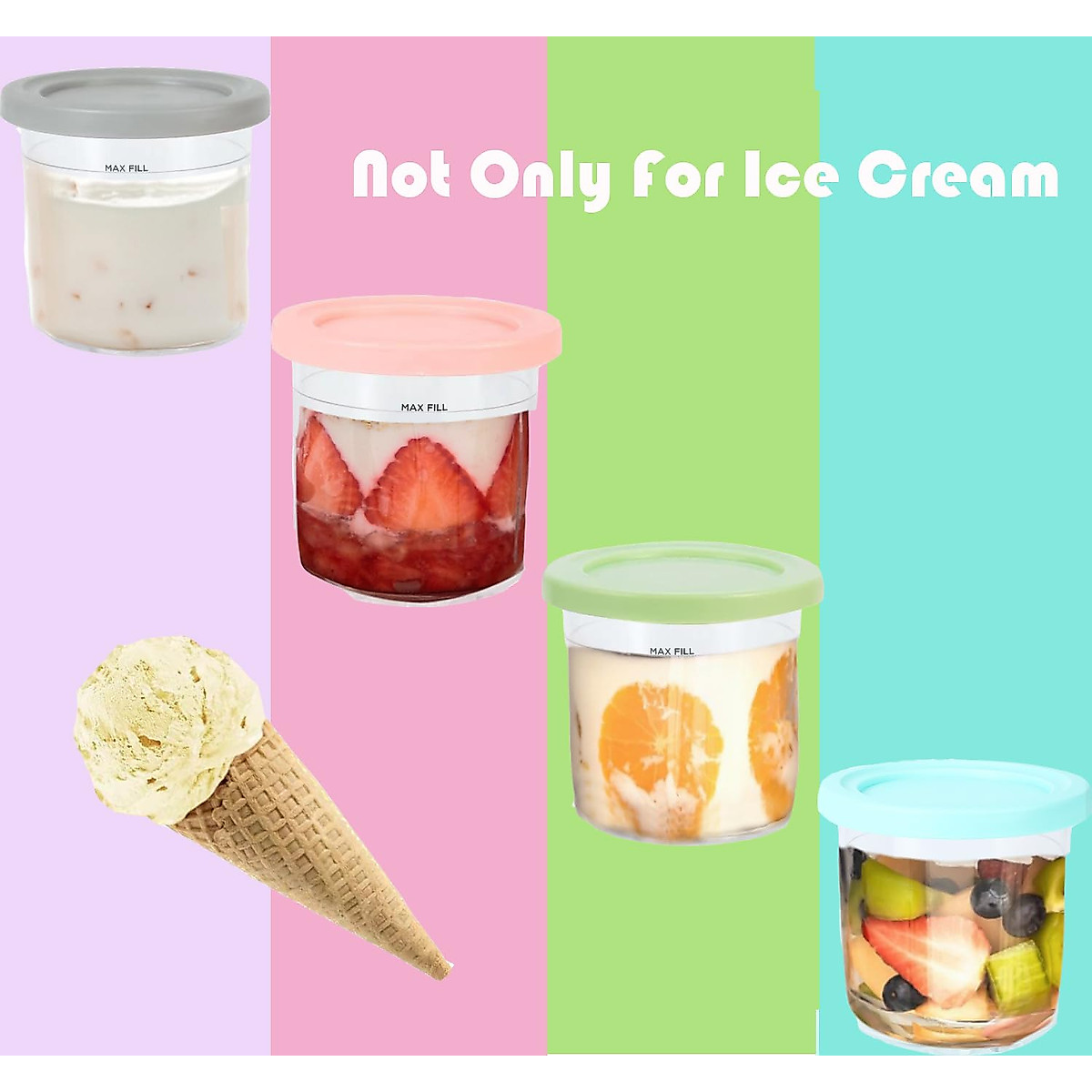 Deelink Ice Cream Containers Replacement for Ninja Creami Pints and Lids 16oz Compatible with NC300 NC301 NC299AMZ BPA-Free Dishwasher Safe Airtight Leaf-Proof Pack of 4 Pink Green Blue Grey