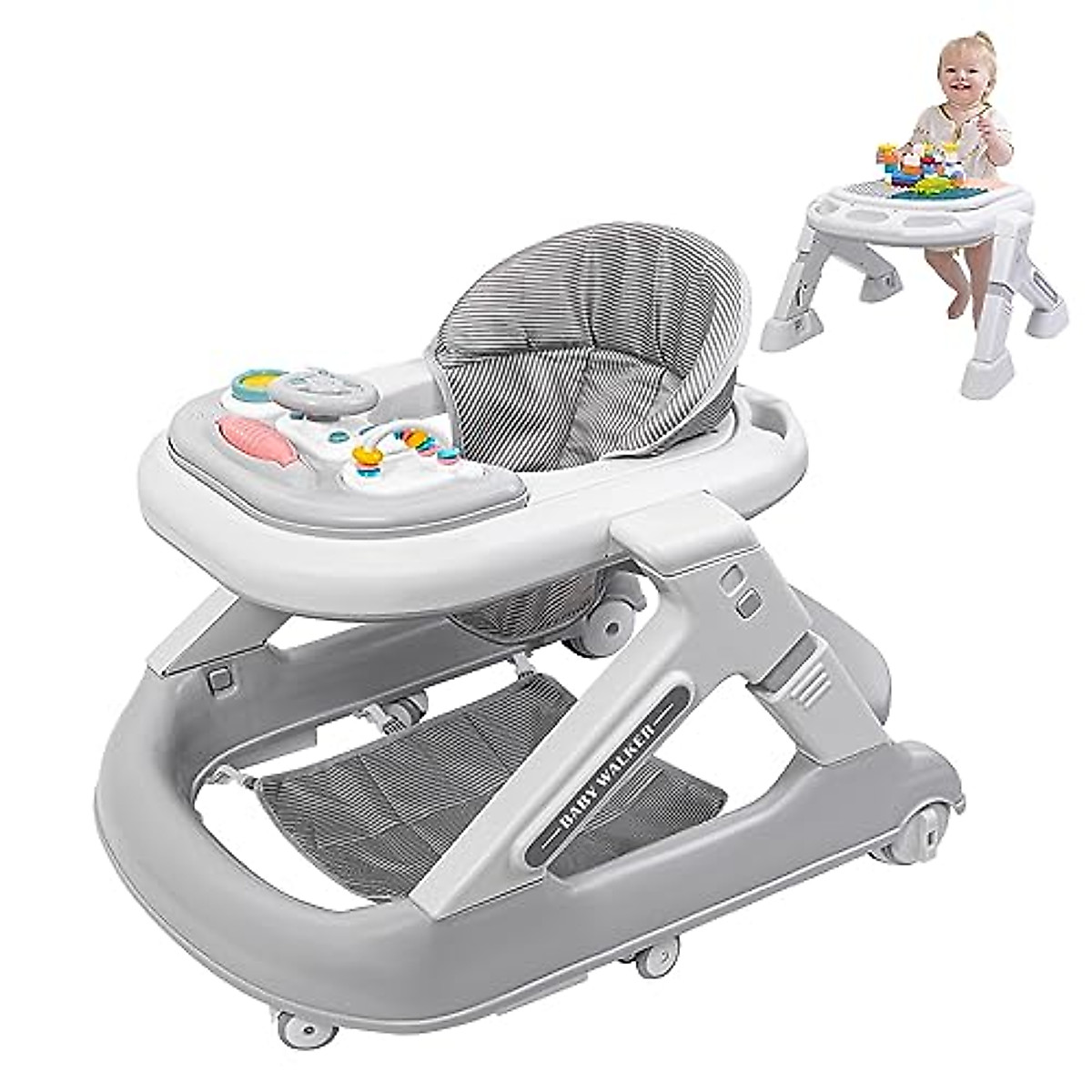 Baby Walker, 5-in-1 Infant Toddler Walker and Baby Activity Center with Block Table &Music Tray, Foldable Baby Walkers with Wheels &7-Gear Height Adjustable for Baby Boys &Baby Girls 6-24 Months