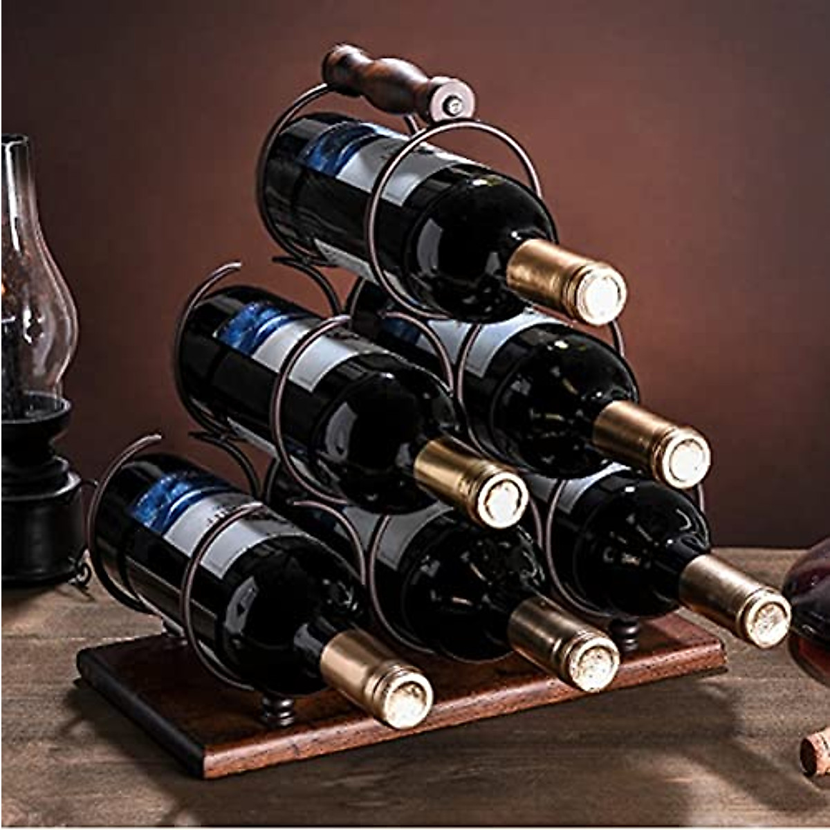 Fadak Countertop Wine Rack, Tabletop 6 Bottles Wood Wine Holder, Sturdy Handle, 3-Tier Rustic Classic Design, Simple Assembly, Wood & Metal (Bronze)