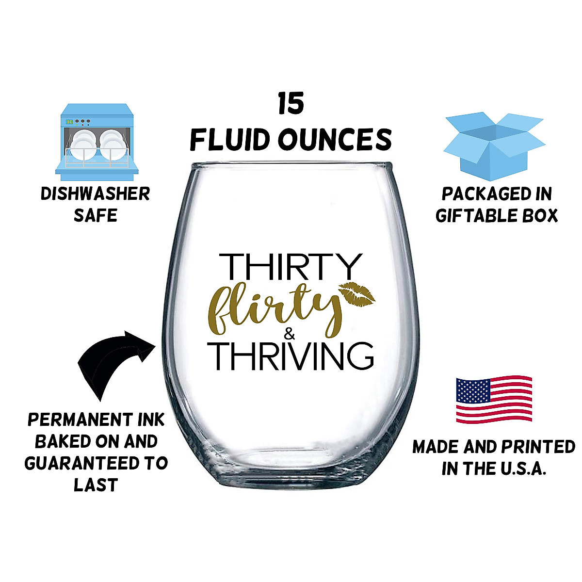 30th Birthday Gifts for Women, Her - 30th Birthday Wine Glass - Thirty Flirty and Thriving - 1993 30 Year Old Gifts for Women, Bestie, Best Friend, Sister, Girlfriend - Decorations Favors - 15 oz