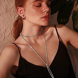 Lirgoriy Silver Necklace Rhinestone Tassel Necklace Sexy Crystal Long Choker Necklaces Accessories for Women Body Jewelry Nightclub Party (Silver2)