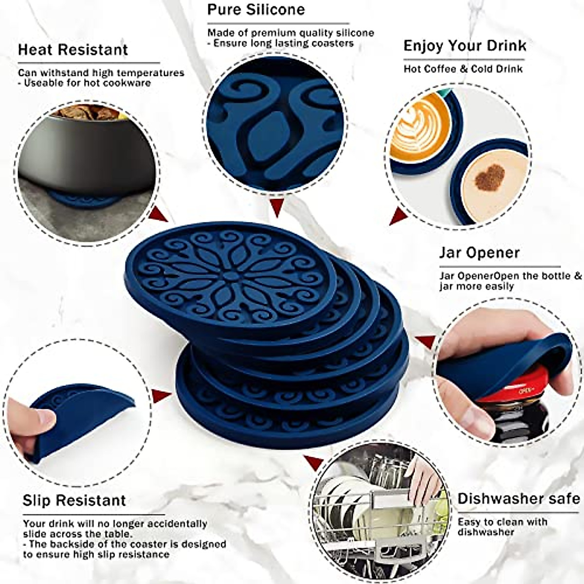 Coasters for Drinks,Silicone Coasters with Holder,Set of 6 - Great Gift for Birthday, Housewarming, Room Decor, Bar, Holiday Party(Blue)