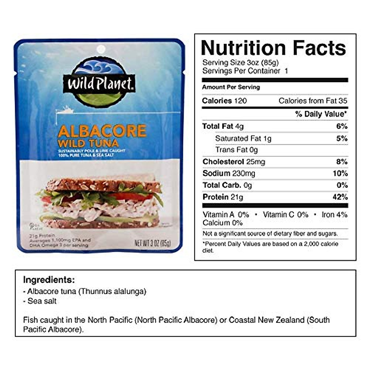 Wild Planet Wild Albacore Tuna, Sea Salt, Sustainably Wild-Caught, Kosher, Gluten Free, Keto and Paleo, 3rd Party Mercury Tested, 3 Ounce Pouch (Pack of 1)