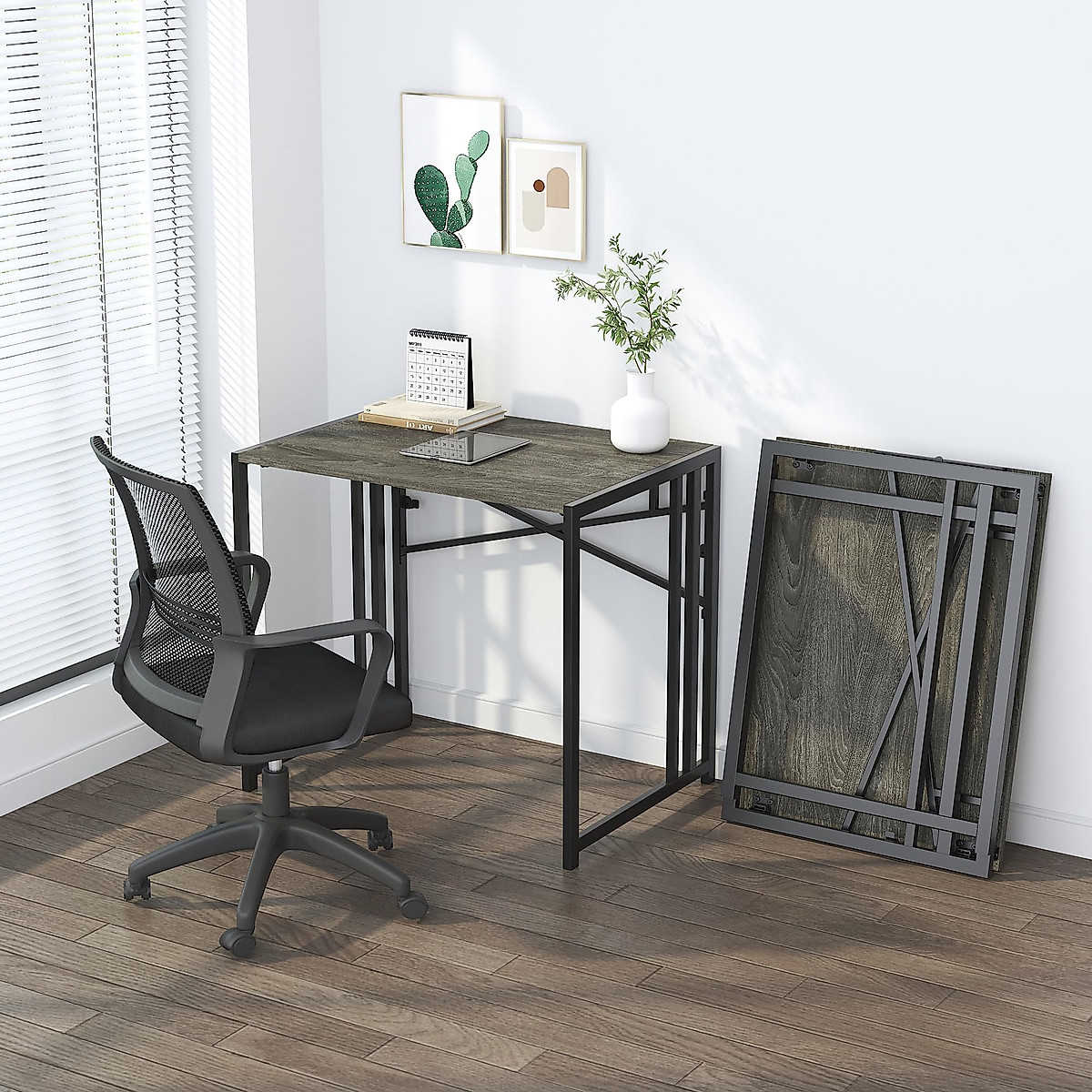 Lutown-Teen 32 inch Small Folding Desk, Writing Gaming Computer Camping Desk for Small Spaces, No Assembly Required Home Office Desk, Black Oak