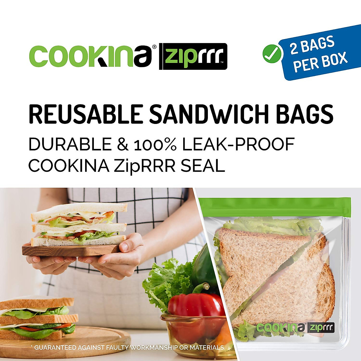 COOKINA ZipRRR Reusable Sandwich Bags – Freezer Safe and Leak-Proof PEVA Storage Bags (Pack of 2), clear, 8.07-inch x 7.87-inch