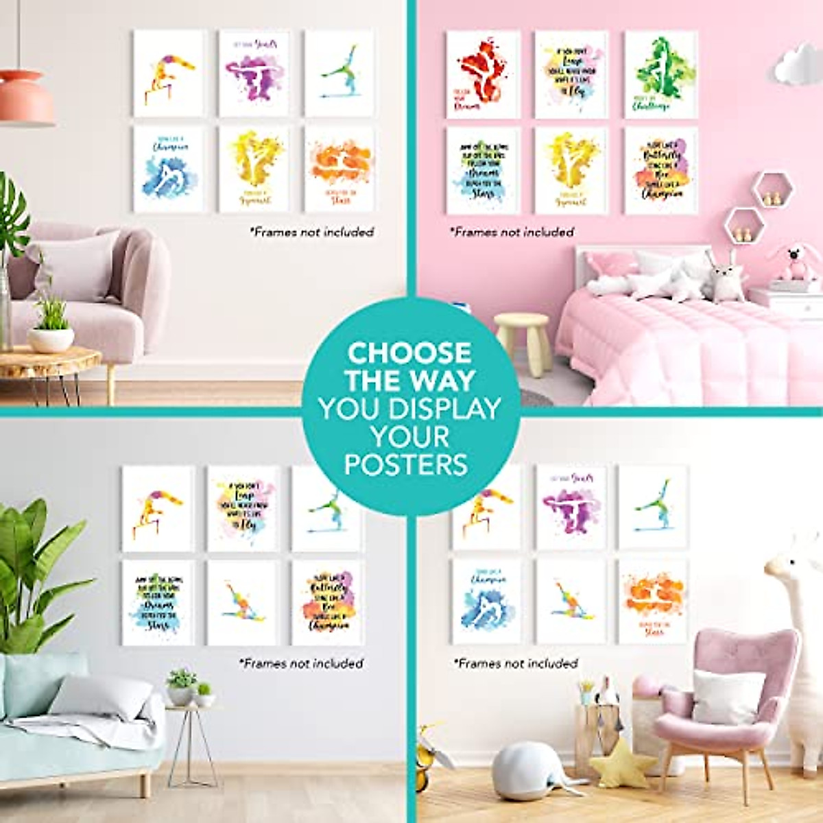 6 Reversible Gymnastics Posters for Girls Room - 8x10in Gymnastics Poster, 12 Designs Dance Posters for Studio, Gymnastics Wall Decor, Gymnastics Bedroom Decor, Cheerleading Wall Decor, Gymnast Poster