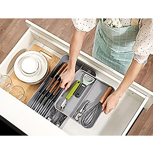 SOMIER 3-in-1 Kitchen Drawer Organizer Flatware Cutlery and Utensil Trays, 2-Tier Knife Holder - 4 Stacked Compartments Silverware Tray - A Removable Divider for Kitchen Gadgets Storage, Gray