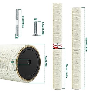 Cat Scratching Post Replacement Pole，2 PCS 11.81in Cat Tree Replacement Post，Natural Sisal Cat Tree Replacement Parts with M8 Screws，Cat Scratch Post Replacement for Refurbishment (11.8in/30cm)