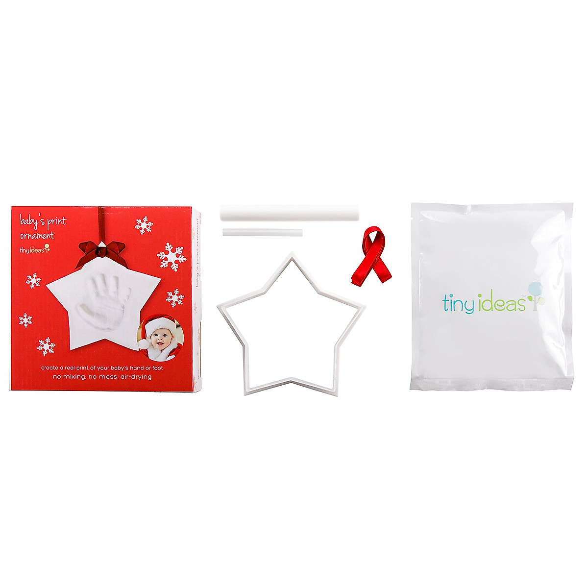 Tiny Ideas Newborn Star Christmas Ornament, Holiday Baby's Handprint or Footprint Ornament, Baby's First Christmas, Clay Print Keepsake For Baby Girl Or Baby Boy, With Included Red Ribbon