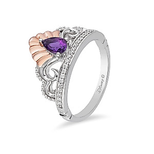 Jewelili Enchanted Disney Fine Jewelry Sterling Silver and 10K Rose Gold with 1/10cttw Diamonds and Amethyst Ariel Shell Tiara Ring, Size 9