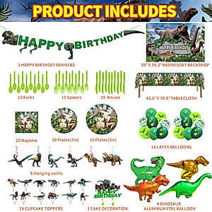 Dinosaur Birthday Party Supplies Decorations Include Backdrop, Tablecloth, Birthday Banners, Cake Decoration, Cupcake Toppers, Latex Balloons, Hanging Swirls, Tableware Set, Aluminum foil Balloon