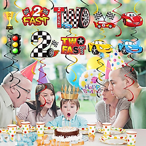 Aodocuto Race Car 2 Fast Birthday Decorations Hanging Swirls for Boys, 16Pcs Car Theme 2nd Birthday Foil Swirls Party Supplies, 2 Year Old Let's Go Racing Birthday Party Ceiling Decor