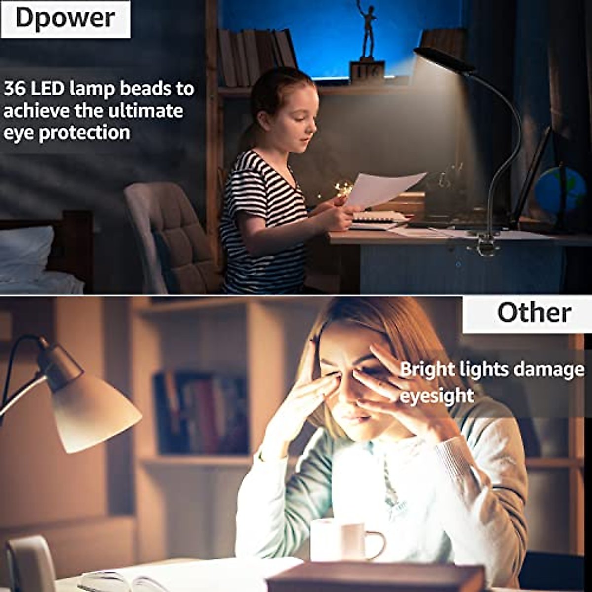 Dpower Desk Lamp with Clamp, 8W Clip on Light with 3 Lighting Modes, 10 Brightness Level, Eye-Caring Reading Lamp, Flexible Gooseneck Clamp Lamp, USB Desk Light for Bed Headboard Home Office Workbench