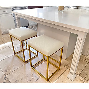 MAISON ARTS Off White & Gold Counter Height 24" Bar Stools Set of 2 for Kitchen Counter Modern Barstools Upholstered Faux Leather Square Stools Backless Farmhouse Island Chairs, 24 Inch Height