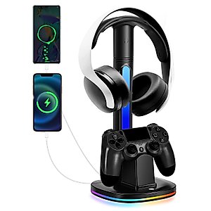 PS4 Controller Charger with RGB Headphone Stand, JDGPOKOO PS4 Controller Charger Dock Station with 2 USB Charging Ports, Headset Stand for Playstation 4 Charging Station, Black